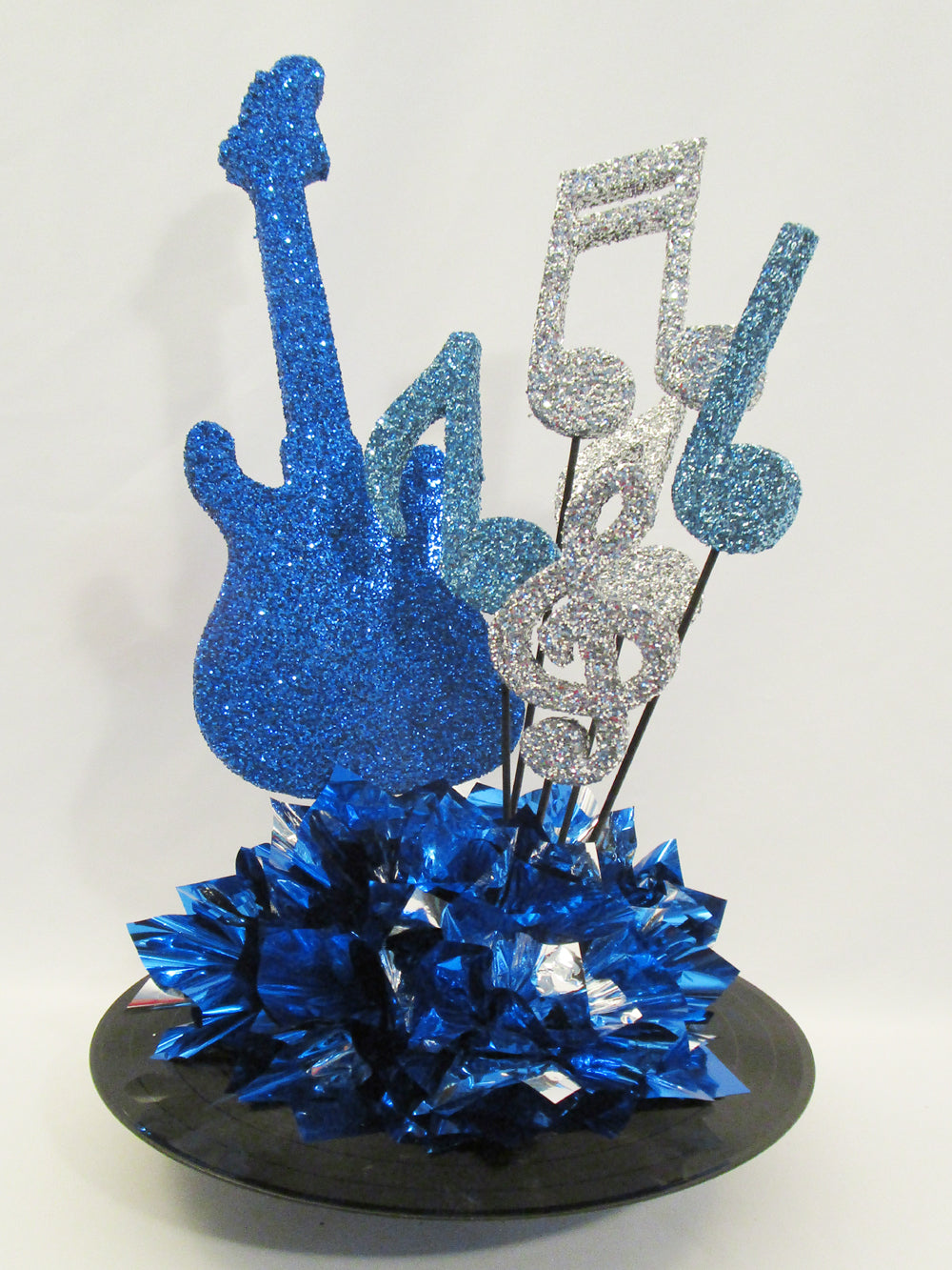 Guitar Centerpiece on Record Base & musical Notes – Designs by Ginny