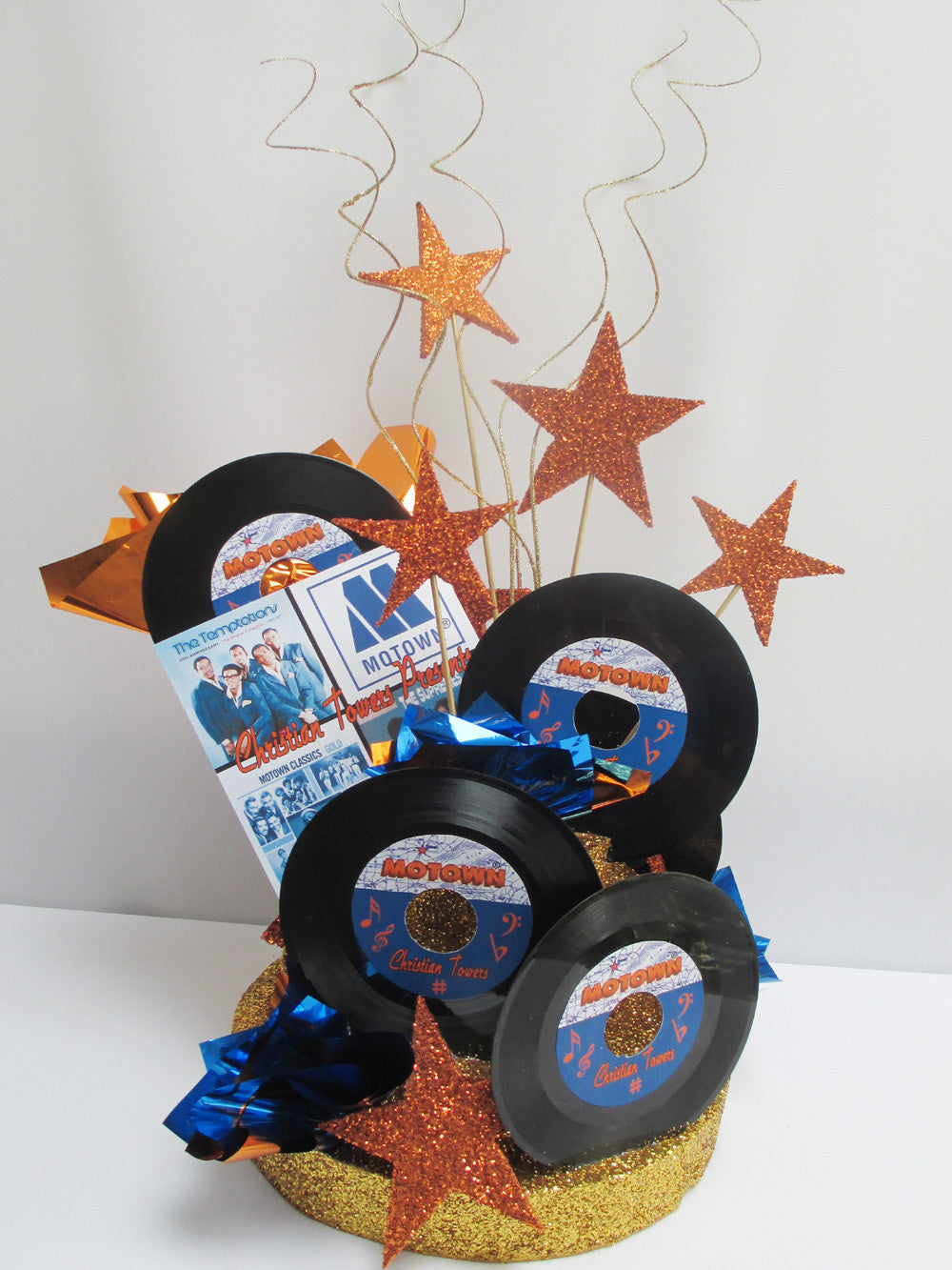 Motown Centerpiece on Faux Cake Base – Designs by Ginny