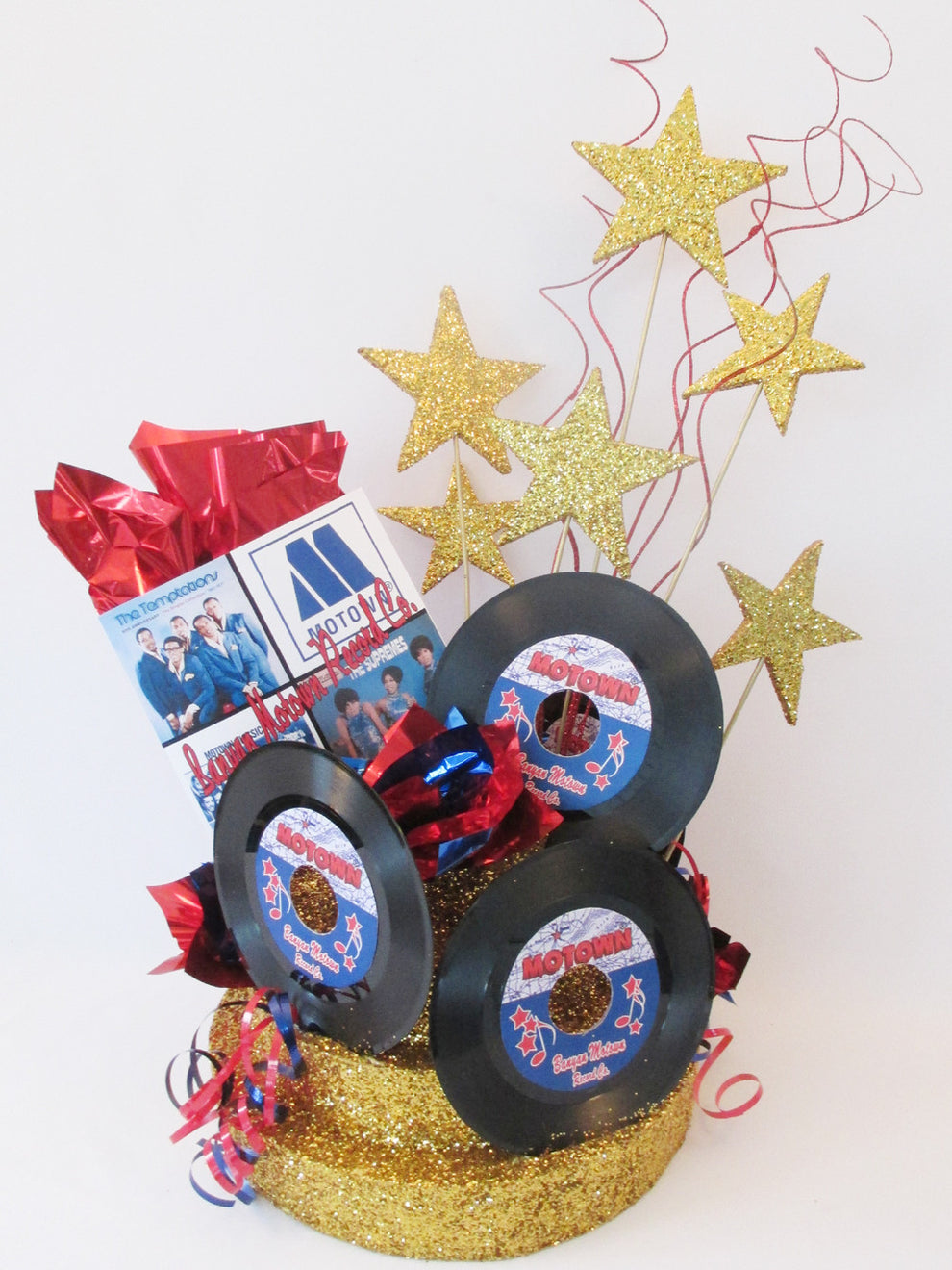 Motown Centerpiece on Faux Cake Base – Designs by Ginny