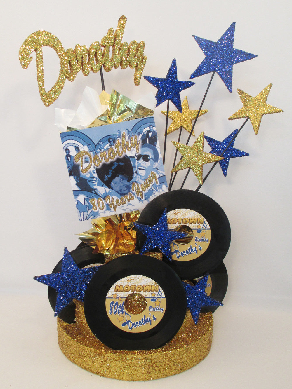Motown Centerpiece on Faux Cake Base – Designs by Ginny