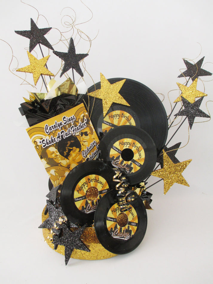 Motown Centerpiece on Faux Cake Base – Designs by Ginny